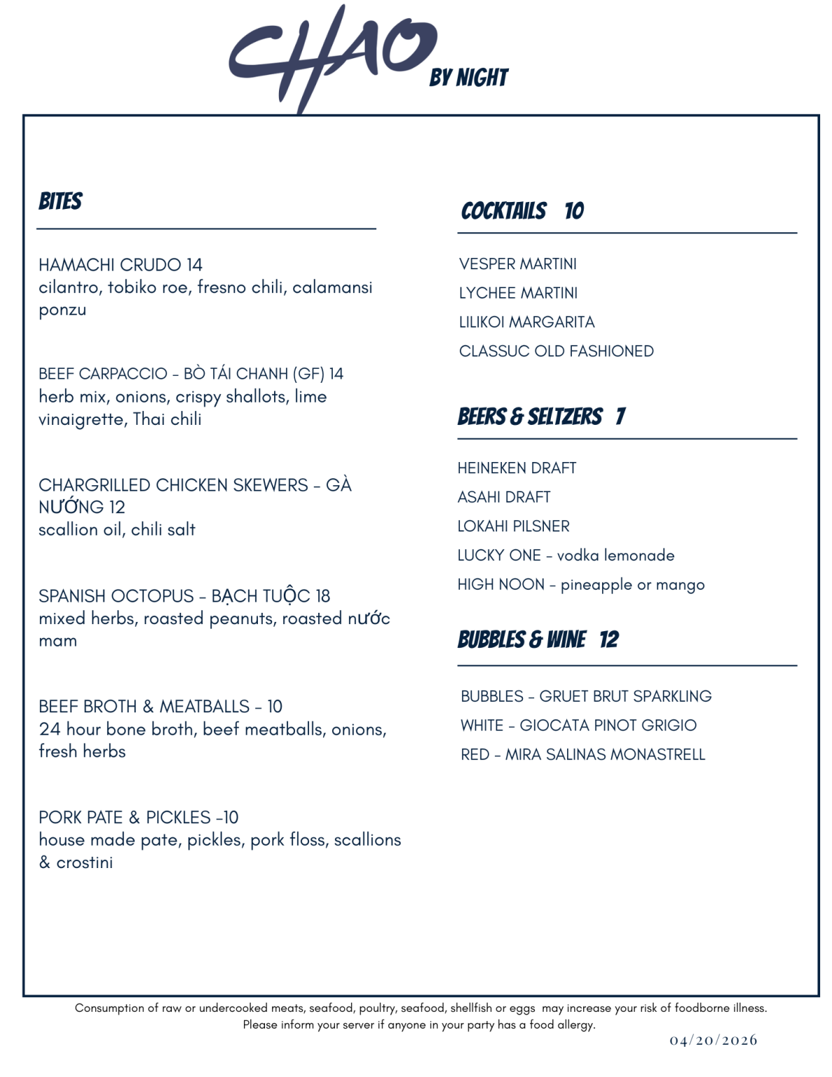 Menu – Chao Hawaii